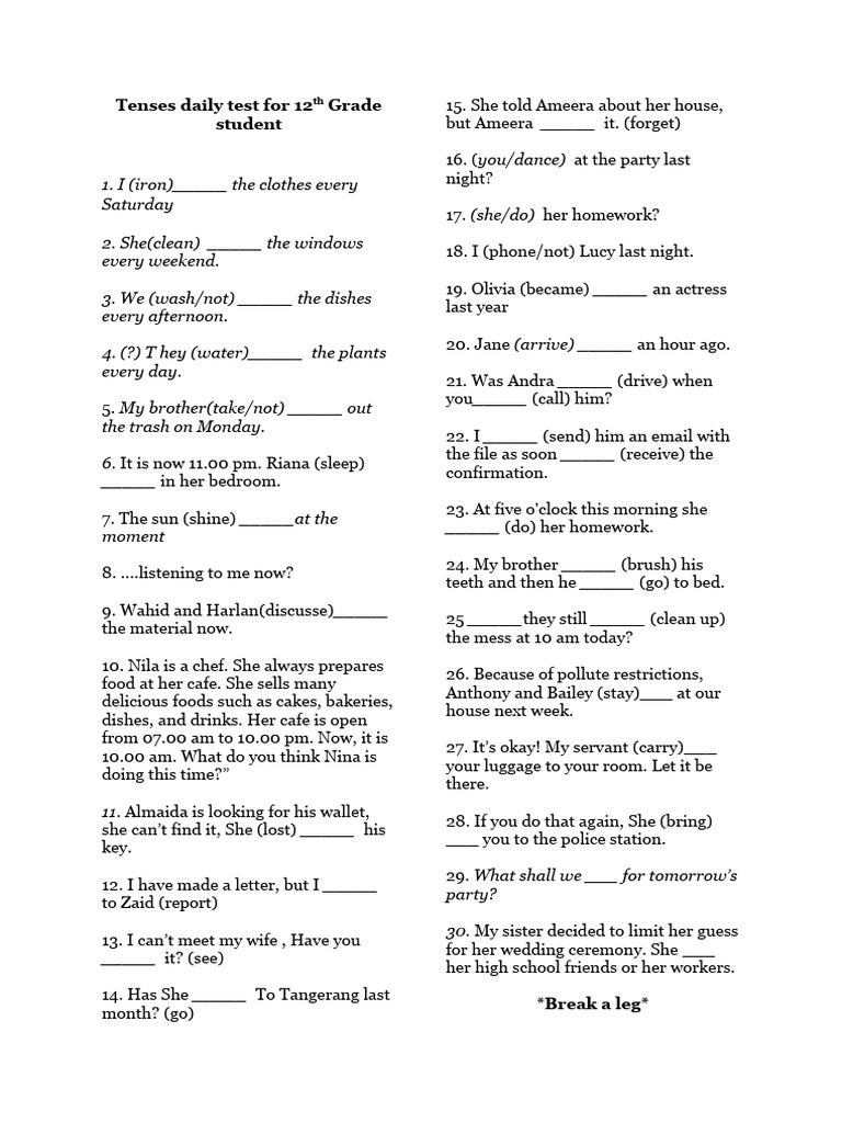 12th Grade Tenses Daily Test | PDF