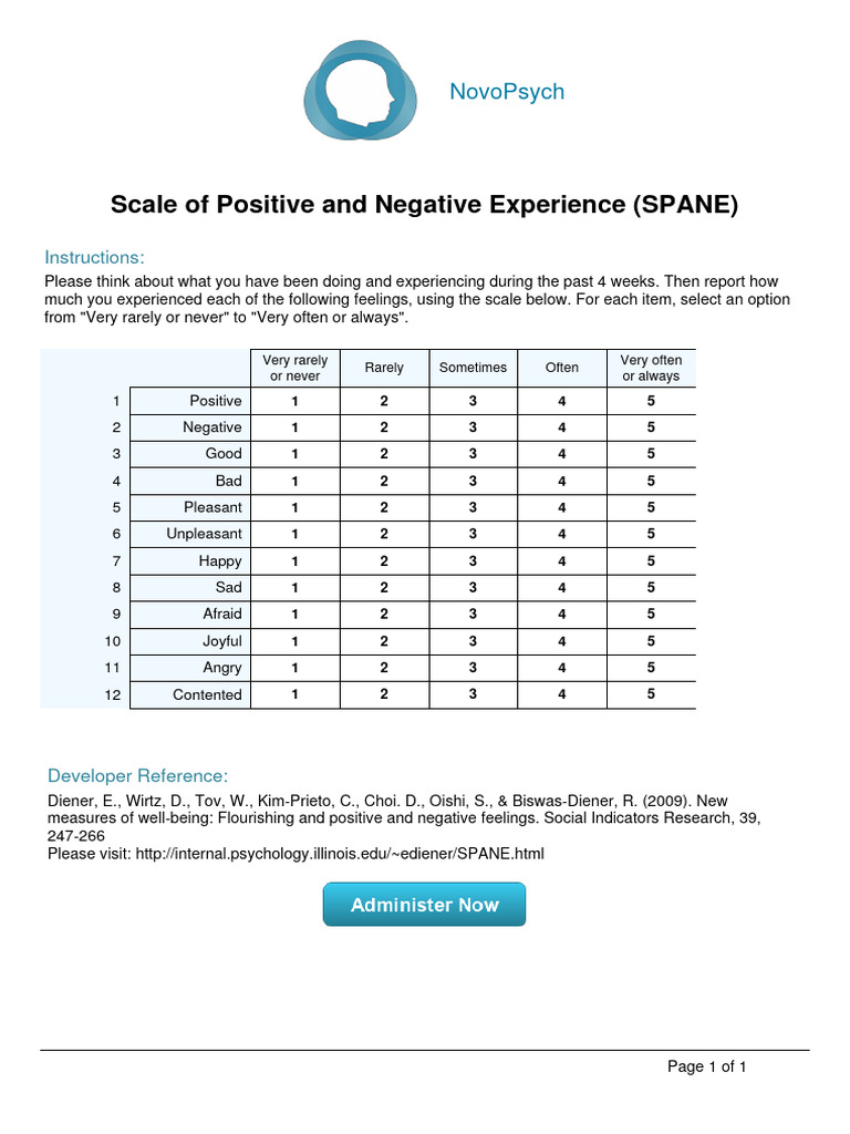 SPANE Scale of Positive and Negative Experience | PDF | Positive ...