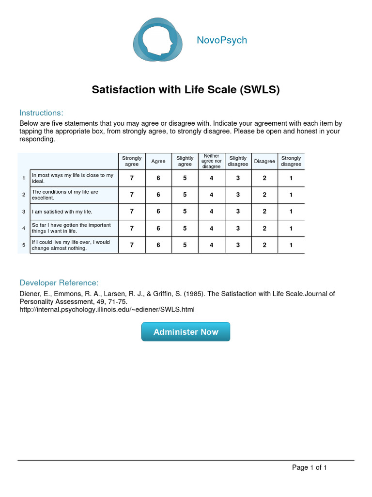 Swls Satisfaction With Life Scale Assessment | PDF | Psychology