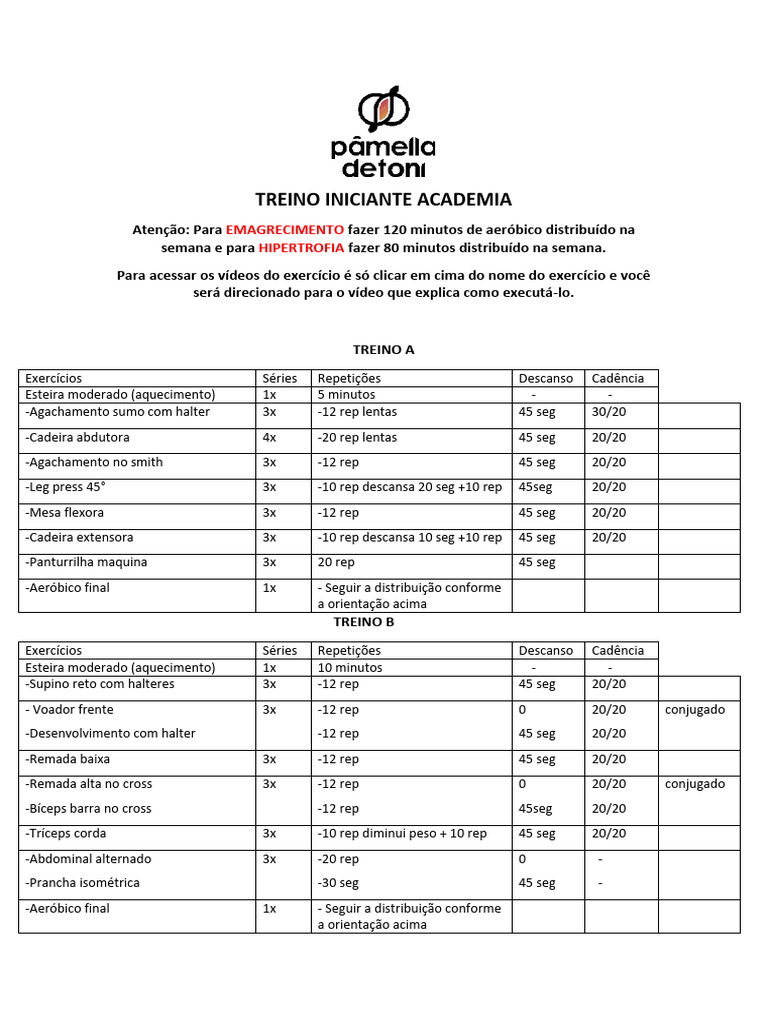 Treino 1 Iniciante ACADEMIA - 01 07 23 1 | PDF