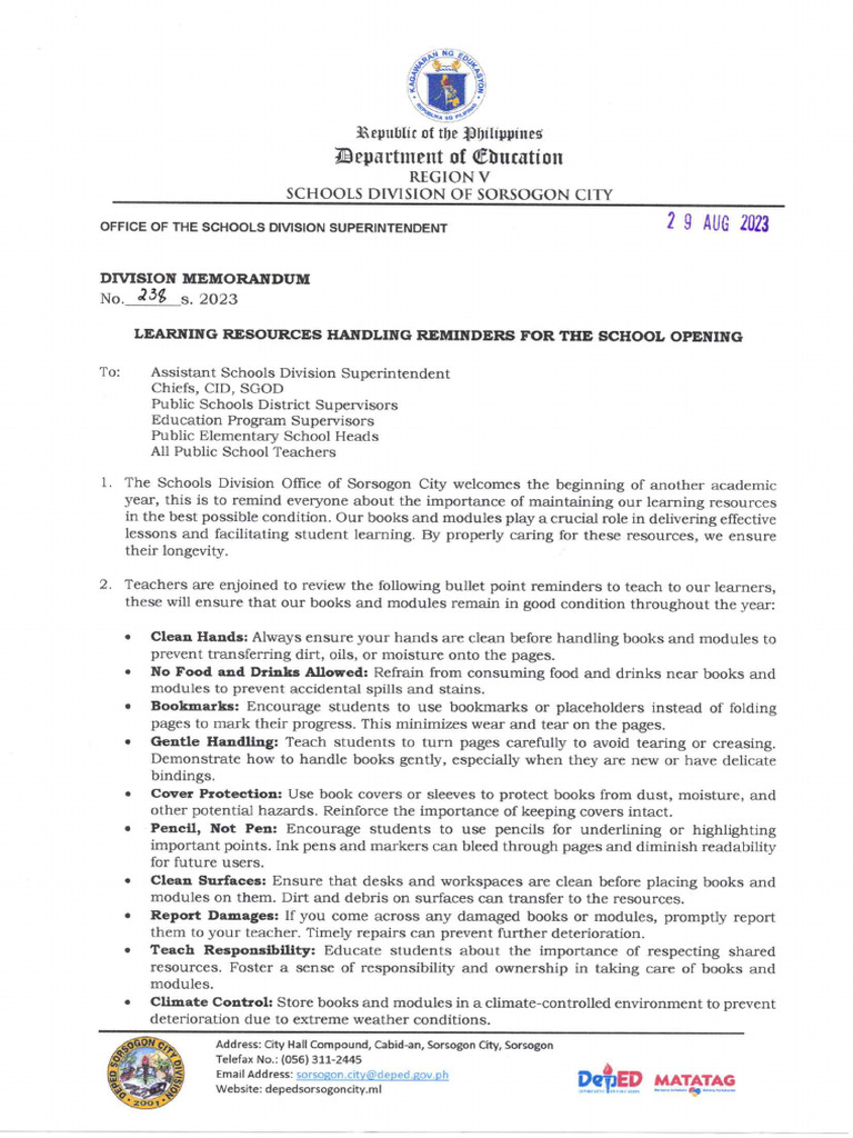 DM2023-238 Learning Resources Handling Reminders For The School Opening ...