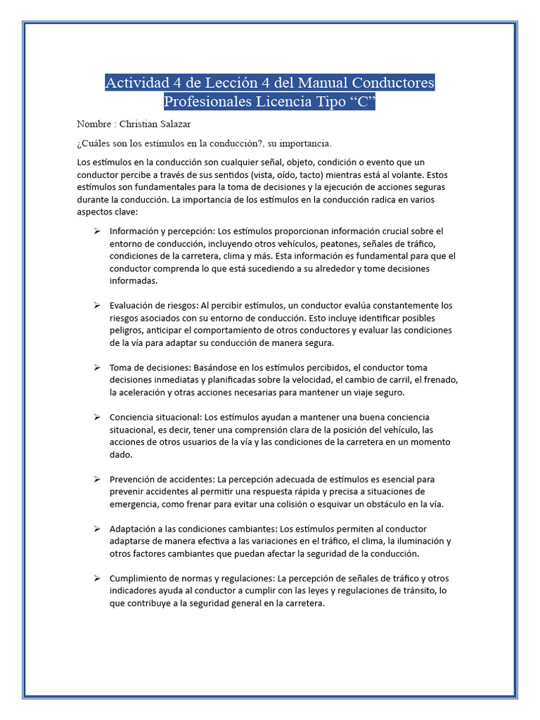 TDC Actividad 4 de Lección 4 Del Manual Condutores Profesionales Licencia Tipo "C" | PDF ...