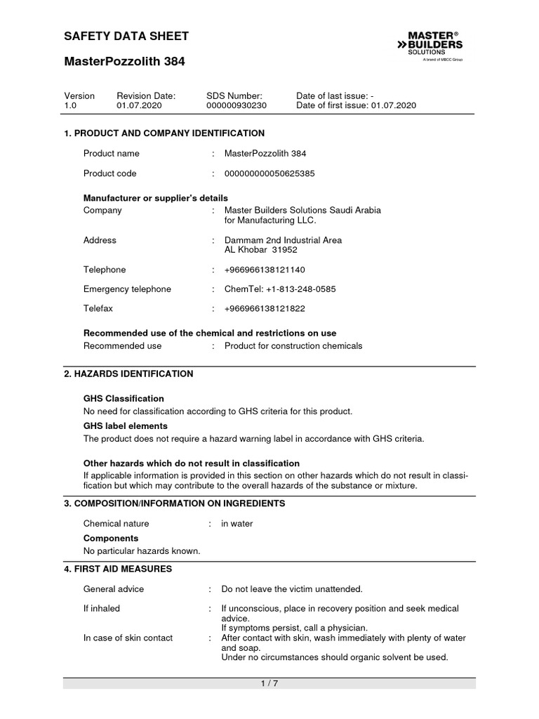 MasterPozzolith 384 - SDS | PDF | Firefighting | Dangerous Goods