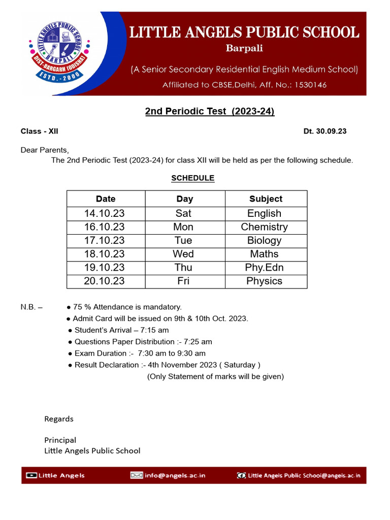 Class XII 2nd Periodic Test Schedule 2023-24 | PDF | Physics | Physical ...
