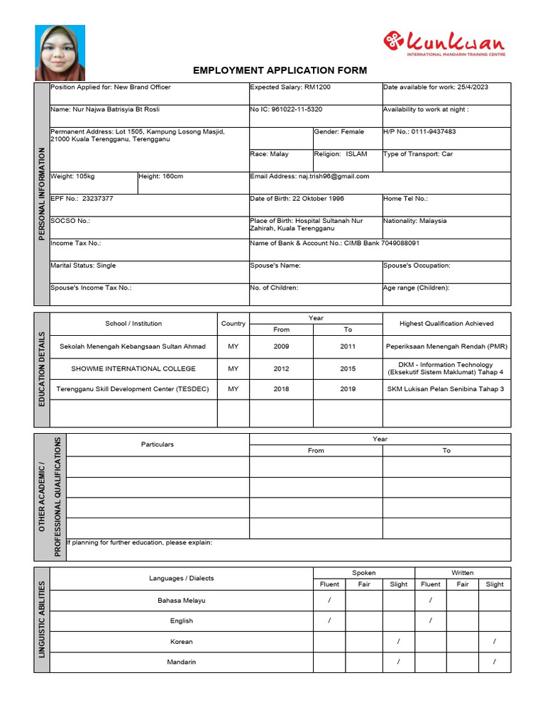 Kunkwan Job Application Form | PDF | Malaysia | Southeast Asia