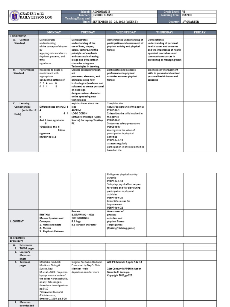 DLL - Mapeh 6 - Q1 - W5 | Download Free PDF | Learning | Rhythm