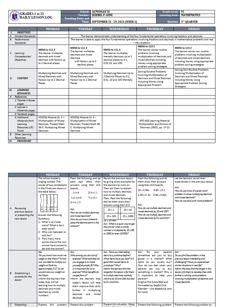 DLL - Mathematics 6 - Q1 - W5 | PDF | Multiplication | Learning
