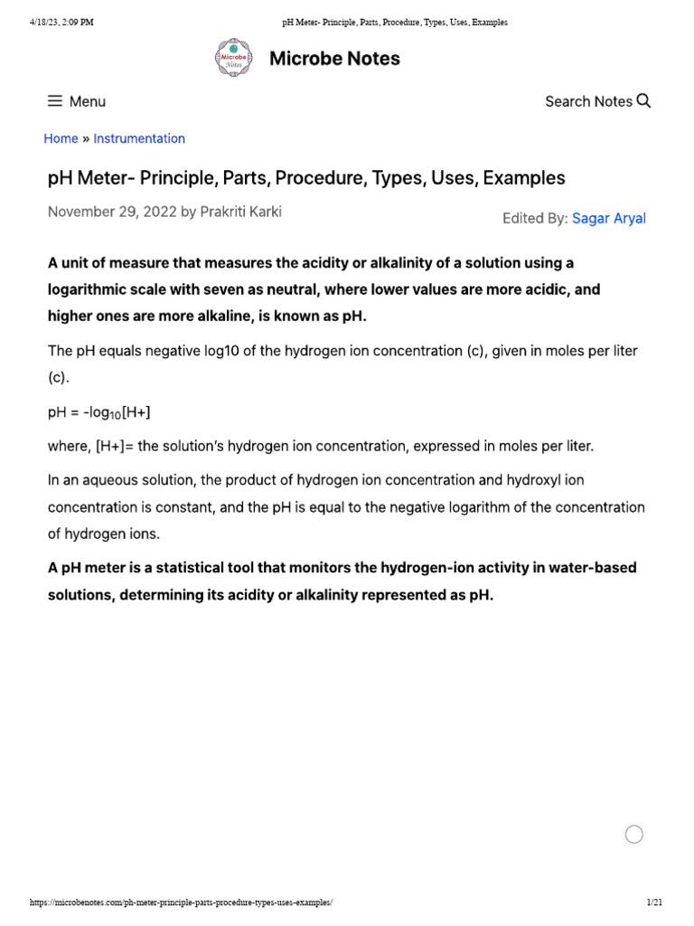 PH Meter - Principle, Parts, Procedure, Types, Uses, Examples | PDF ...