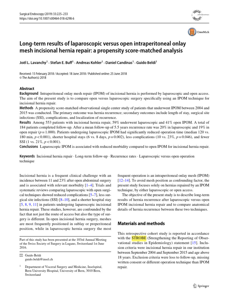 Lavanchy Long-Term Results of Laparoscopic Versus Open Intraperitoneal Onlay Mesh Incisional ...