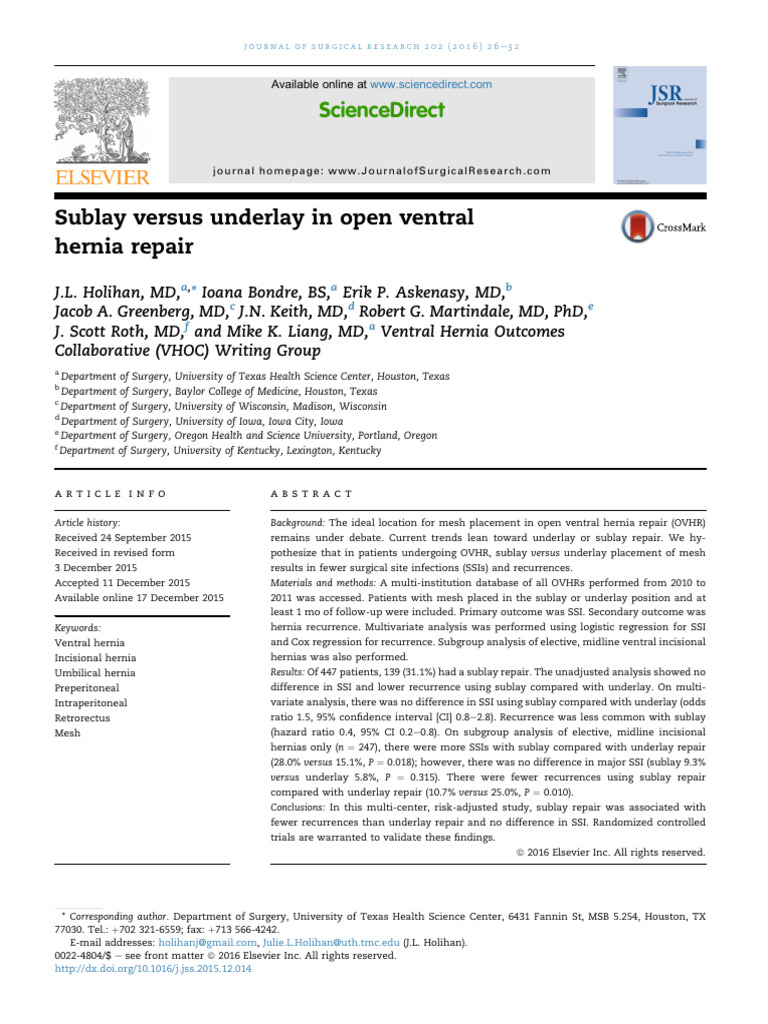 Sublay Versus Underlay in Open Ventral Hernia Repair | PDF | Dependent ...