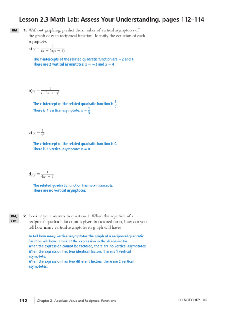 Pre - Calculus 12 Workbook Solutions | PDF | Asymptote | Functions And Mappings