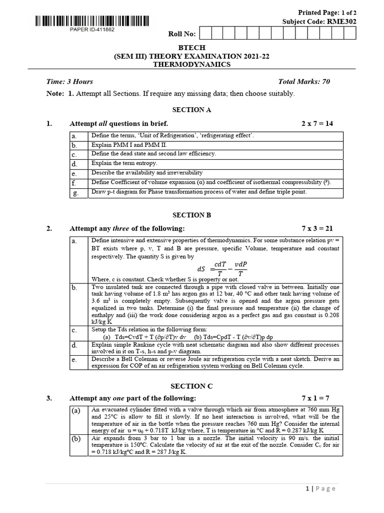 Btech Me 3 Sem Thermodynamics Rme302 2022 | PDF | Heat | Thermodynamics