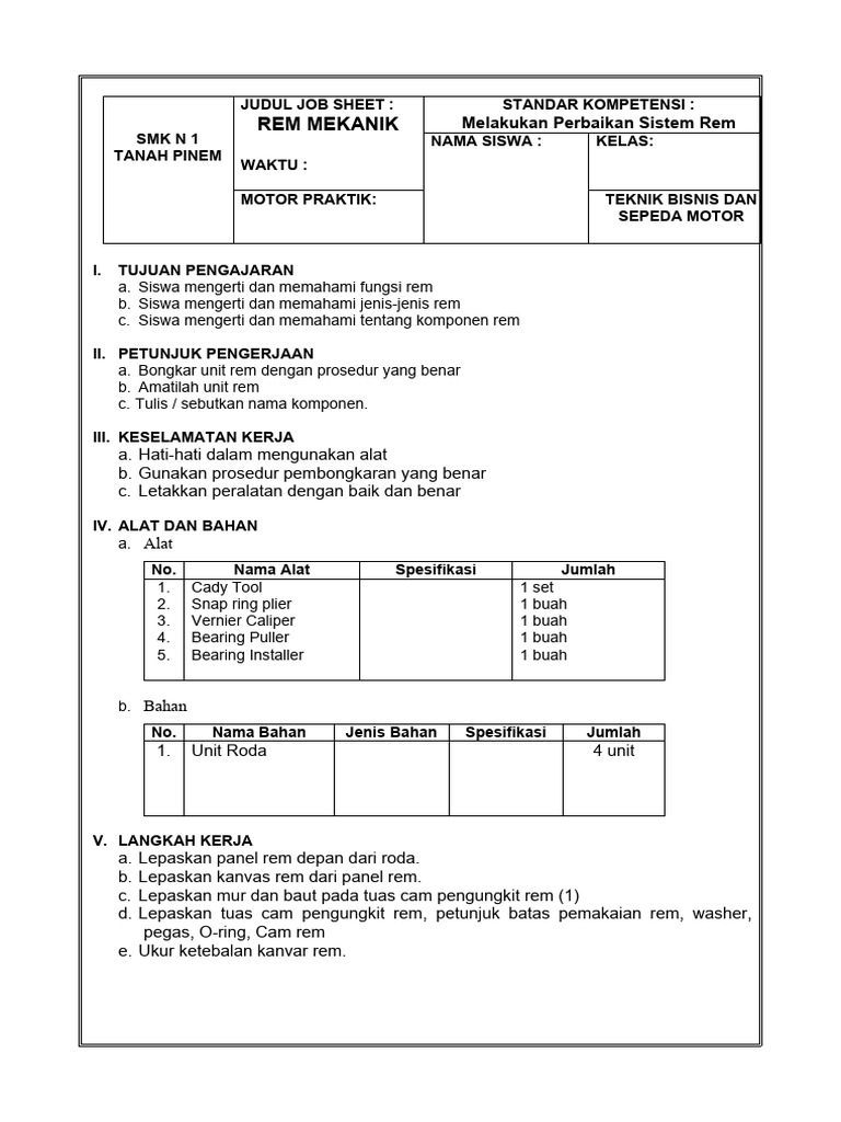 Job Sheet Bab 2 Sistem Rem Mekanik | PDF | Teknologi & Rekayasa