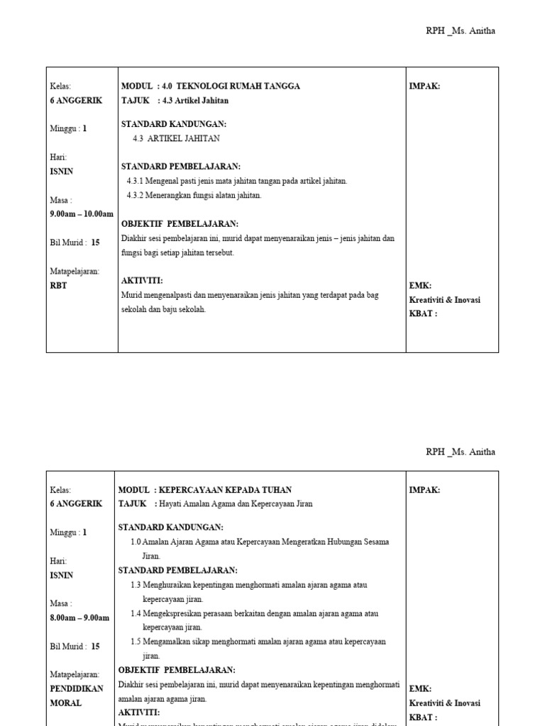 Contoh RPH Moral | PDF