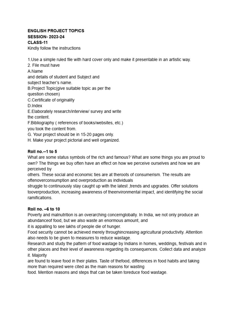 Class 11 English Project Guidelines | PDF