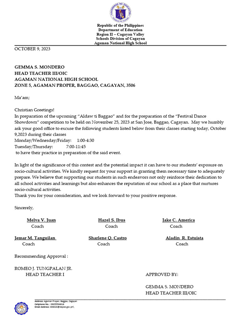 Excuse Letter For Festival Dance | PDF