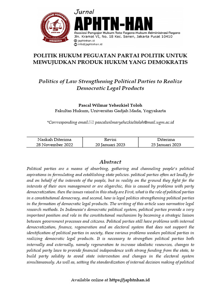Pascal Wilmar Yehezkiel Toloh - Politik Hukum Penguatan Partai Politik | PDF | Democracy ...