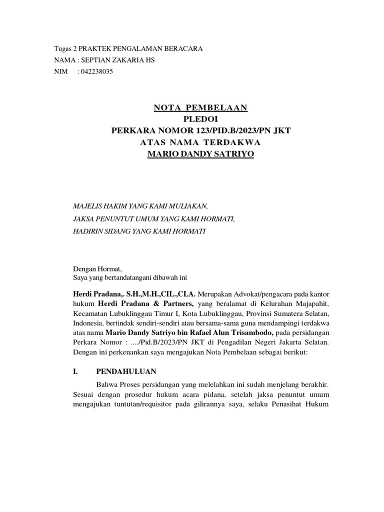 Tugas 2 Surat Pledoi | PDF | Hukum