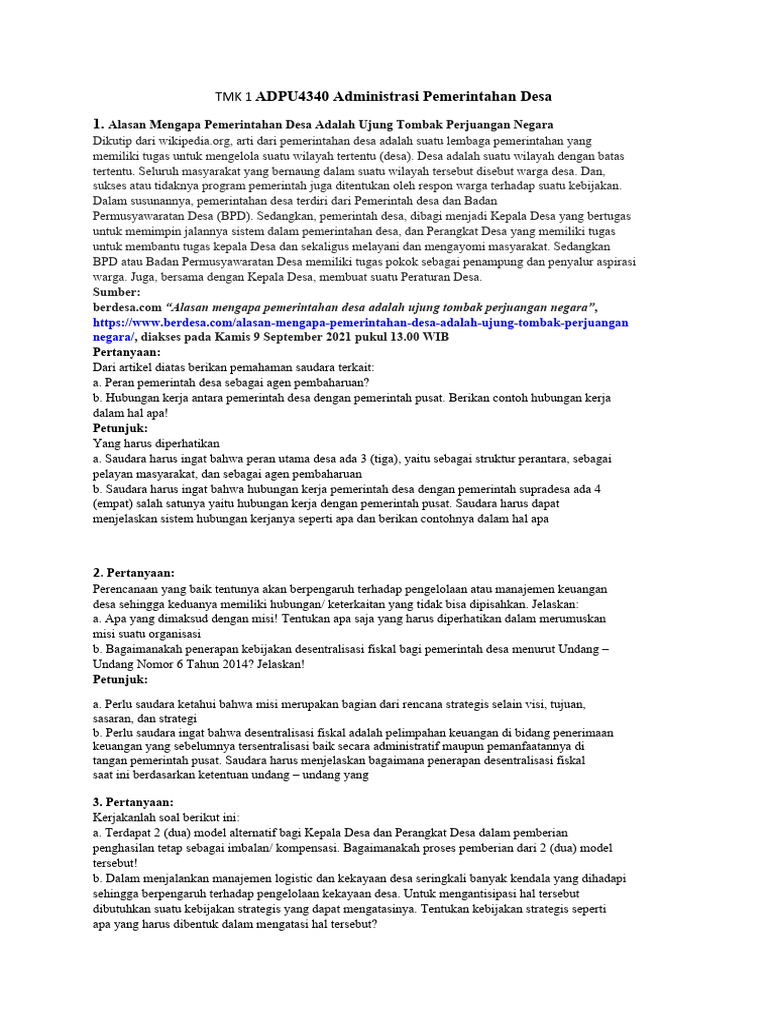 TMK 1 ADPU4340 Administrasi Pemerintahan Desa | PDF