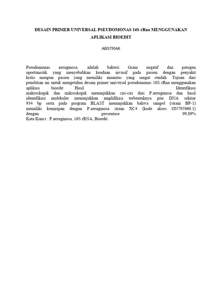 Desain primer universal pseudomonas 16s Rrna menggunakan metode aplikasi bioedit | PDF