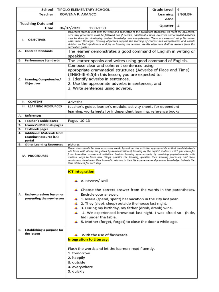 Cot Adverbs | PDF | Learning | Curriculum