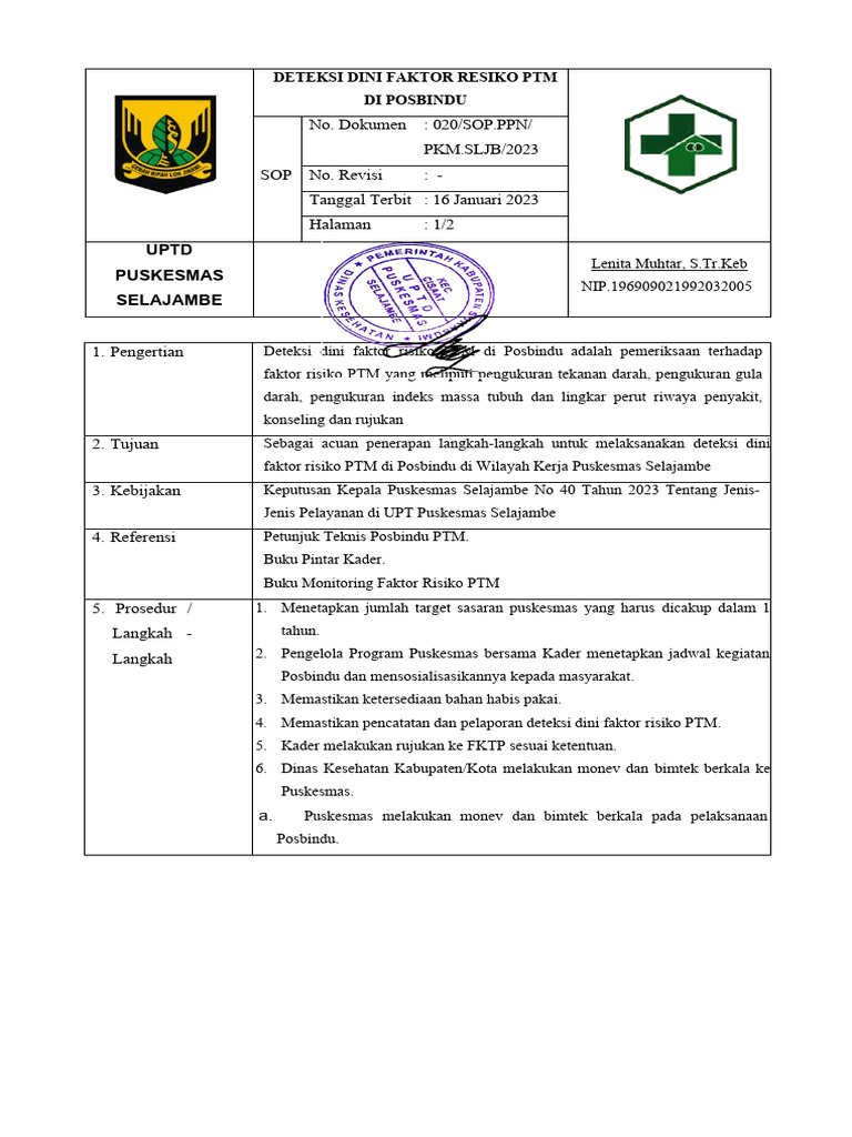 1.3.2.b Sop Deteksi Dini Faktor Resiko PTM | PDF