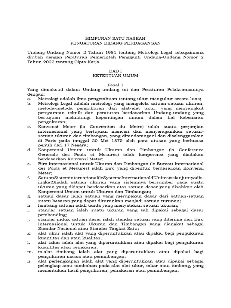 UU No 2 THN 1981 TTG Metrologi Legal Jo Perppu No 2 THN 2022 6 Februari 2023 | PDF | Griya ...