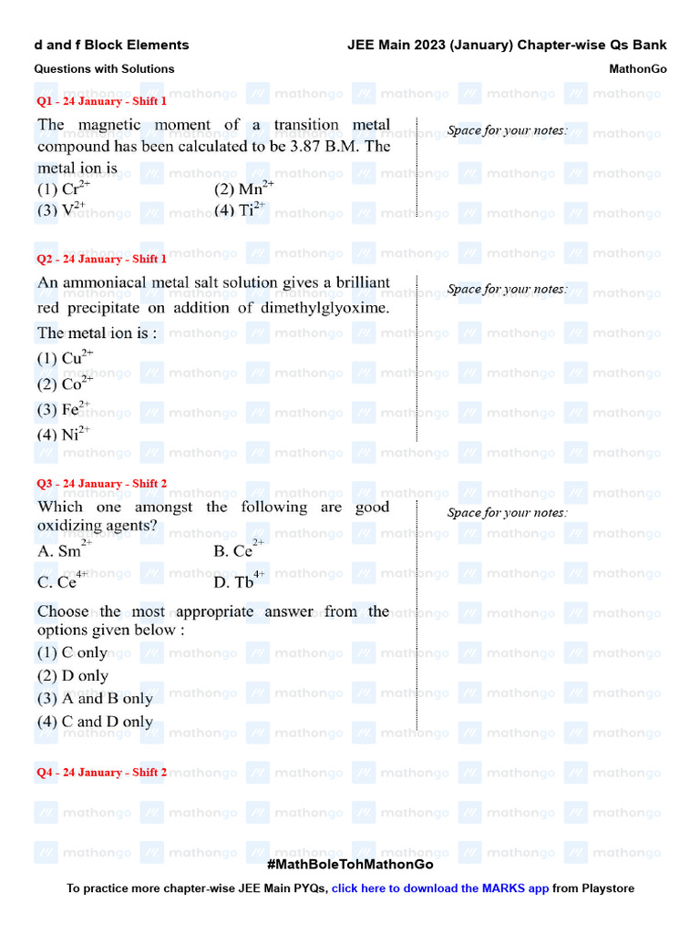D and F Block Elements - JEE Main 2023 January Chapter Wise Questions by MathonGo | PDF