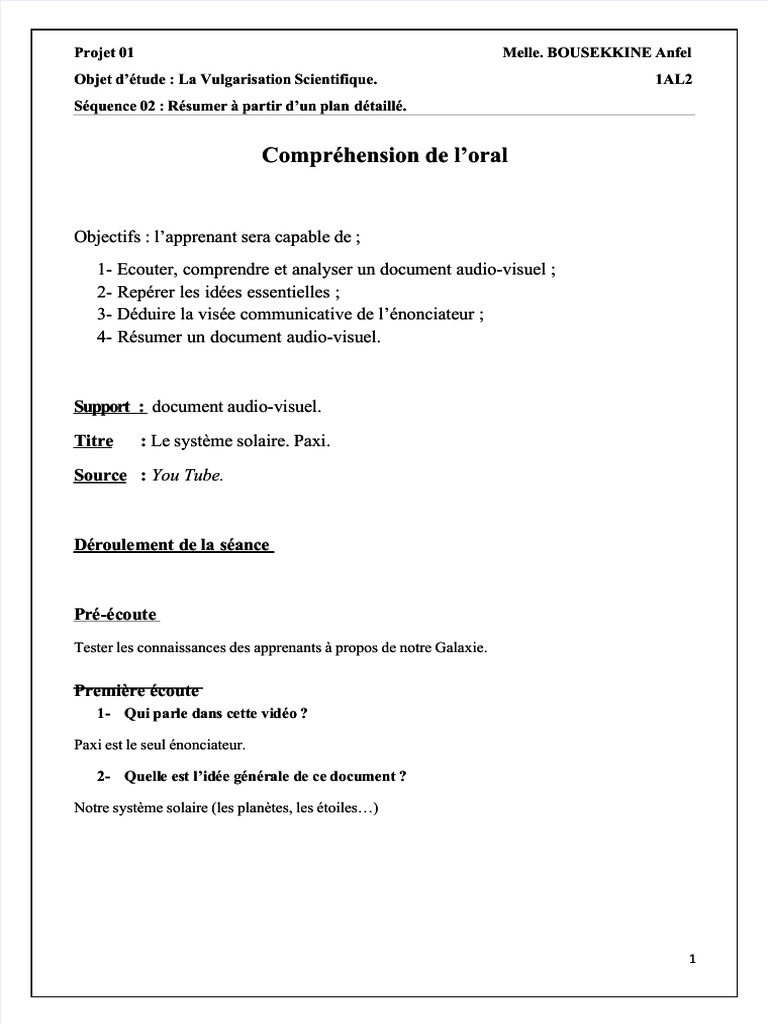 1 Ere A Projet Sequence 1 | PDF