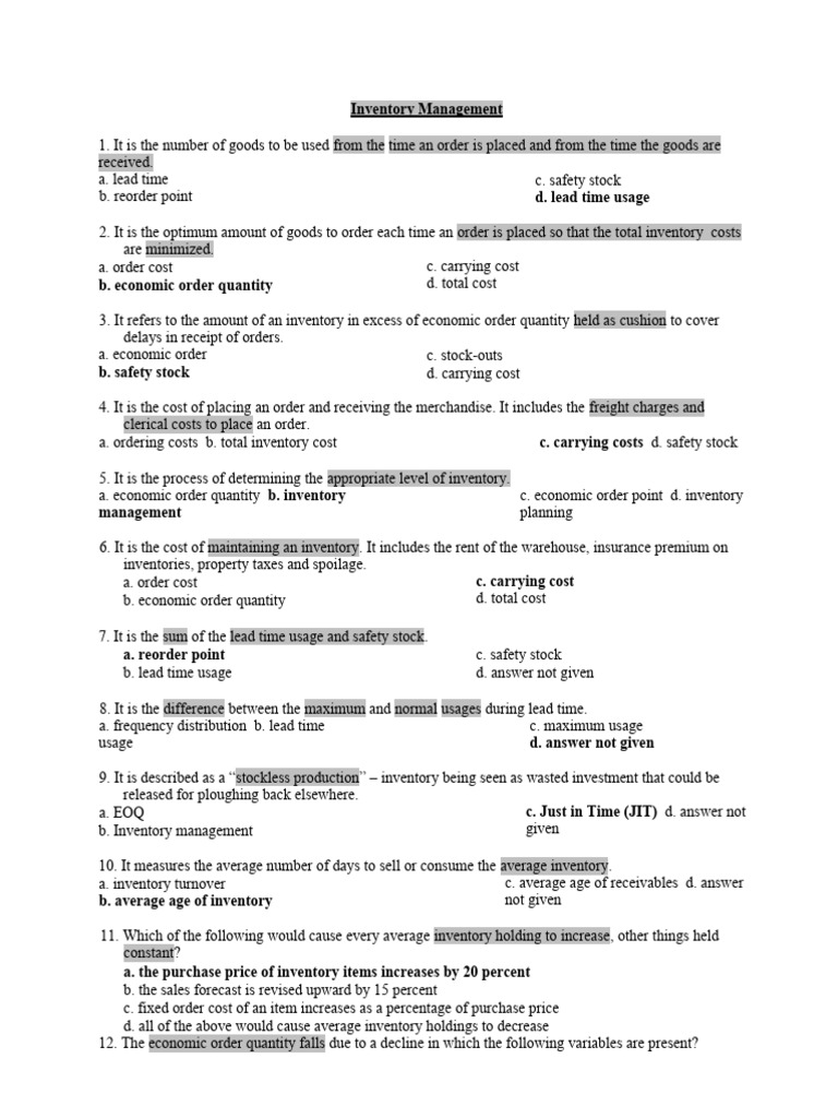 FIN081 - P3 - Quiz1 - Inventory Management - Answer | PDF | Inventory ...