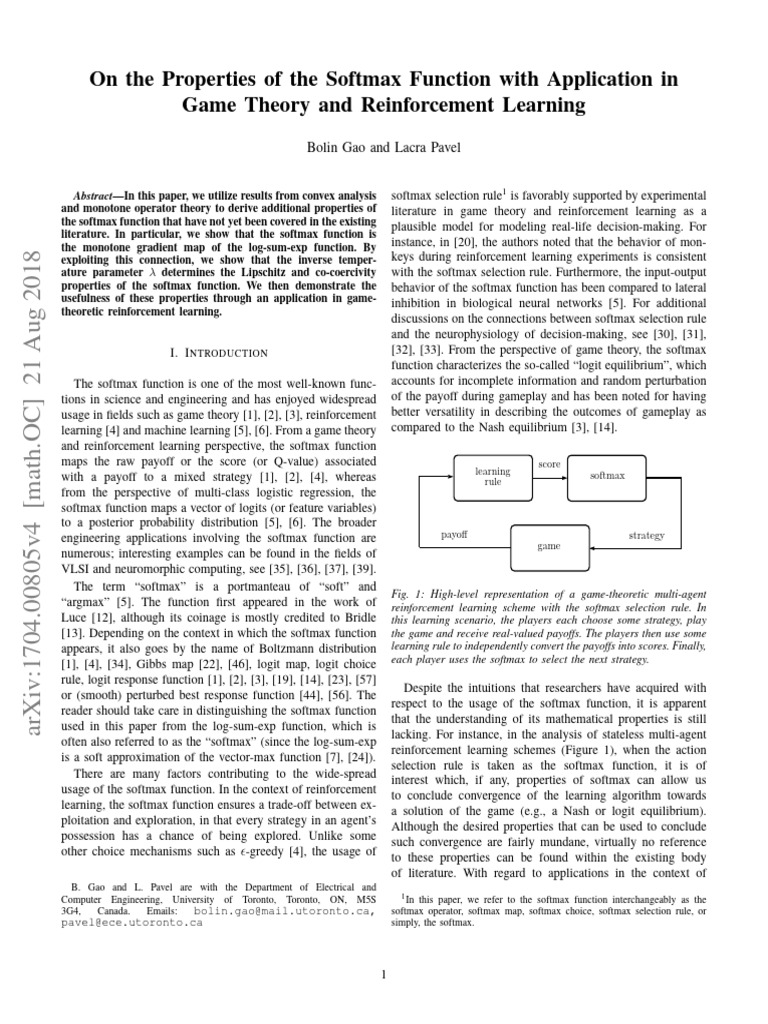 On The Properties of The Softmax Function With Application in Game ...