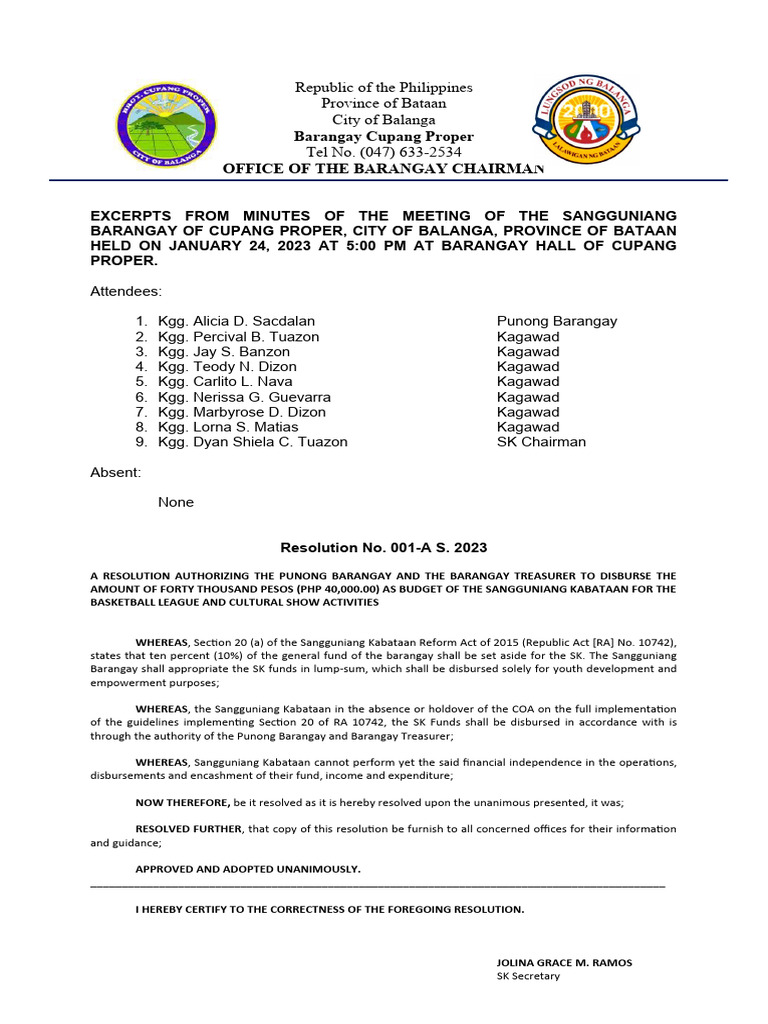 Resolution SK Authorizing Disbursement | Download Free PDF | Government ...