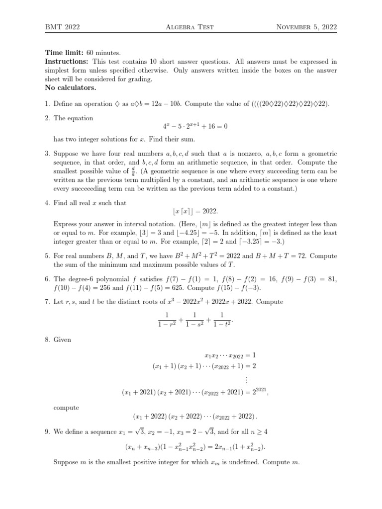 Algebra Problems | PDF | Numbers | Sequence