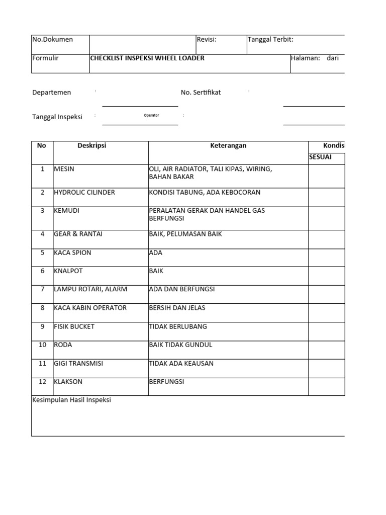 Form Check List Inspeksi Wheel Loader | PDF