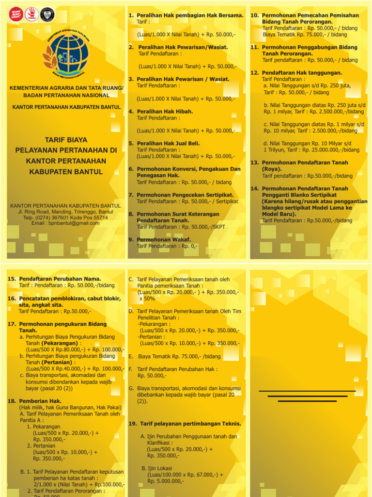 Brosur BPN Tarif Biaya Pelayanan Pertanahan Di Kantah Kab Bantul | PDF