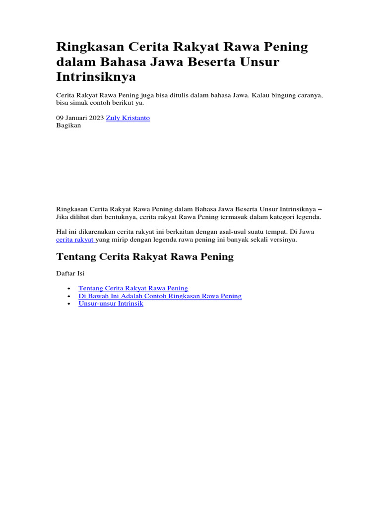 Ringkasan Cerita Rakyat Rawa Pening Dalam Bahasa Jawa Beserta Unsur ...