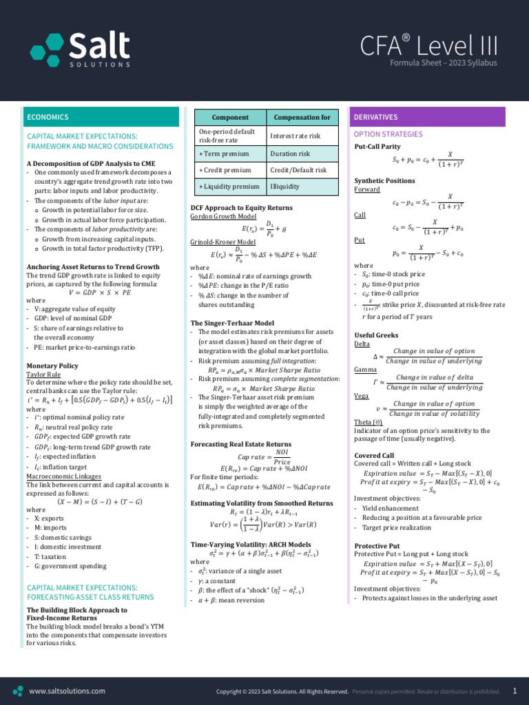 Salt Cfa Level 3 Formulasheet 2023 | PDF | Greeks (Finance) | Fixed Income