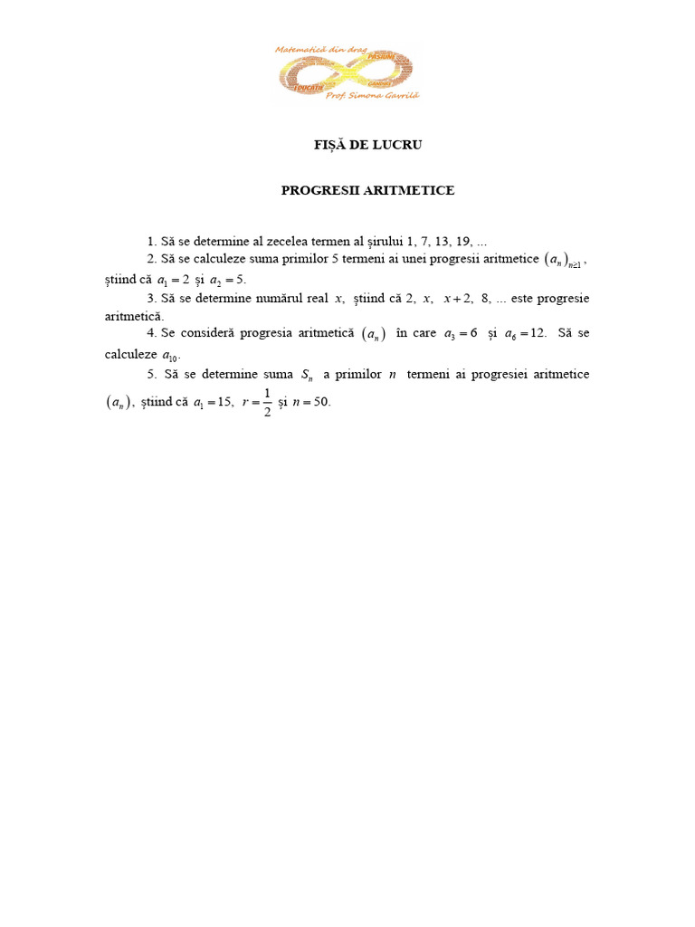 Fișă de Lucru Progresii Aritmetice 2, Prof. Simona Gavrila | PDF