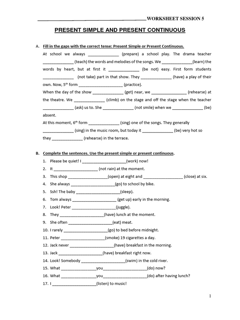 WORKSHEETS SESSION 5 - Present Simple and Present Continuous ...