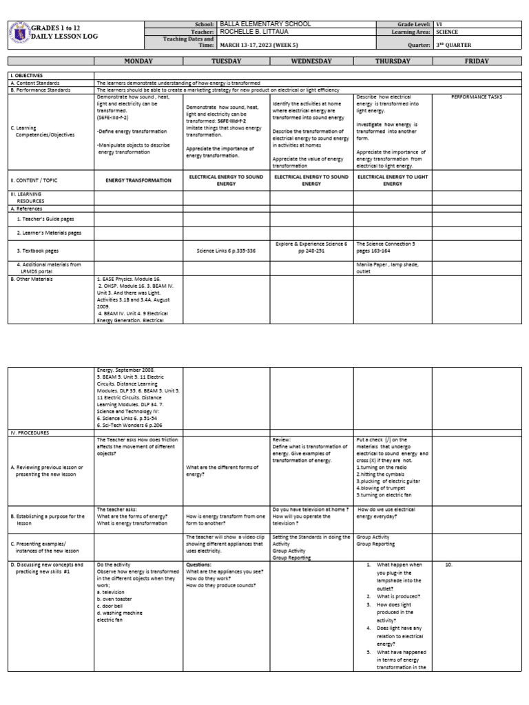 Energy Transformation Lesson Plan VI | PDF | Differentiated Instruction ...