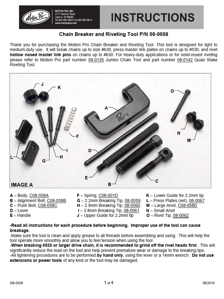 Chain Breaking and Riveting Tool - Instructions | PDF