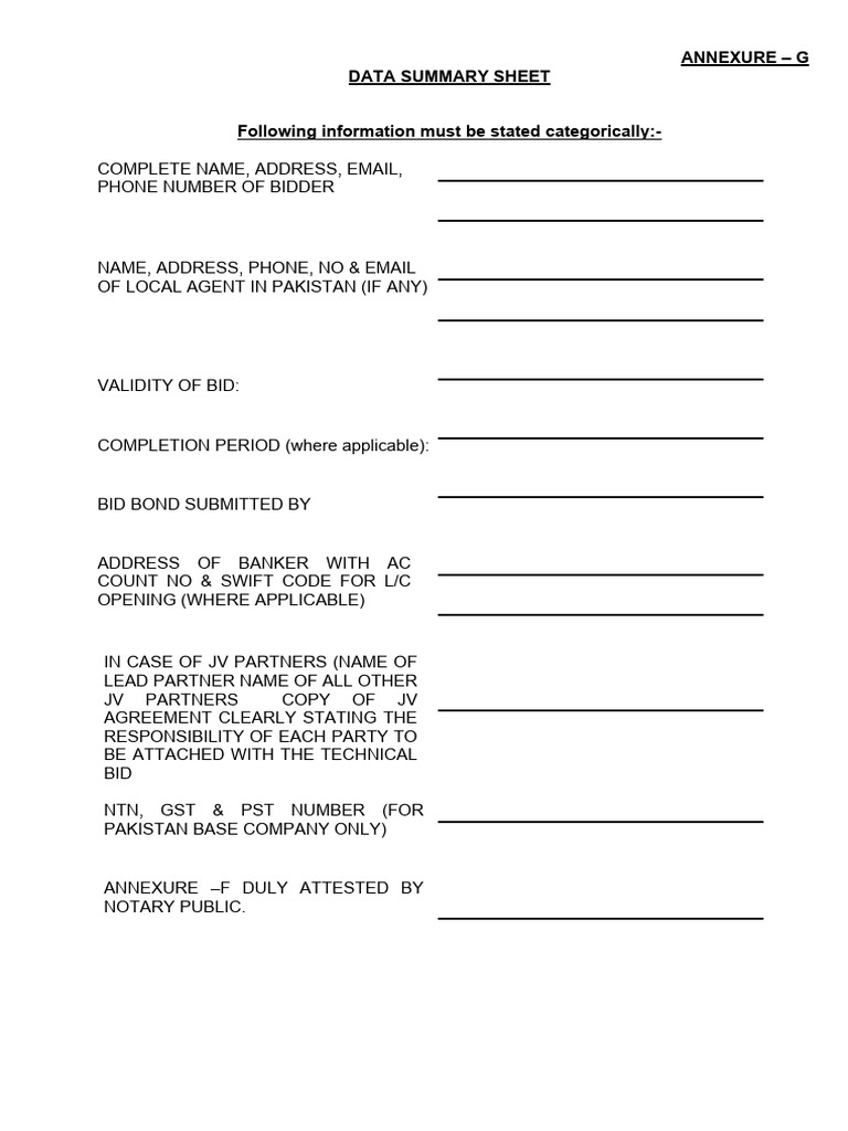 ANNEXURE-G Data Summary Sheet Services | PDF | Business | Finance & Money Management