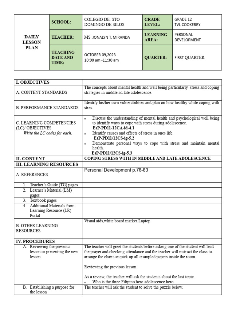 Grade 12 Personal Development Lesson Plan | PDF | Learning | Teachers