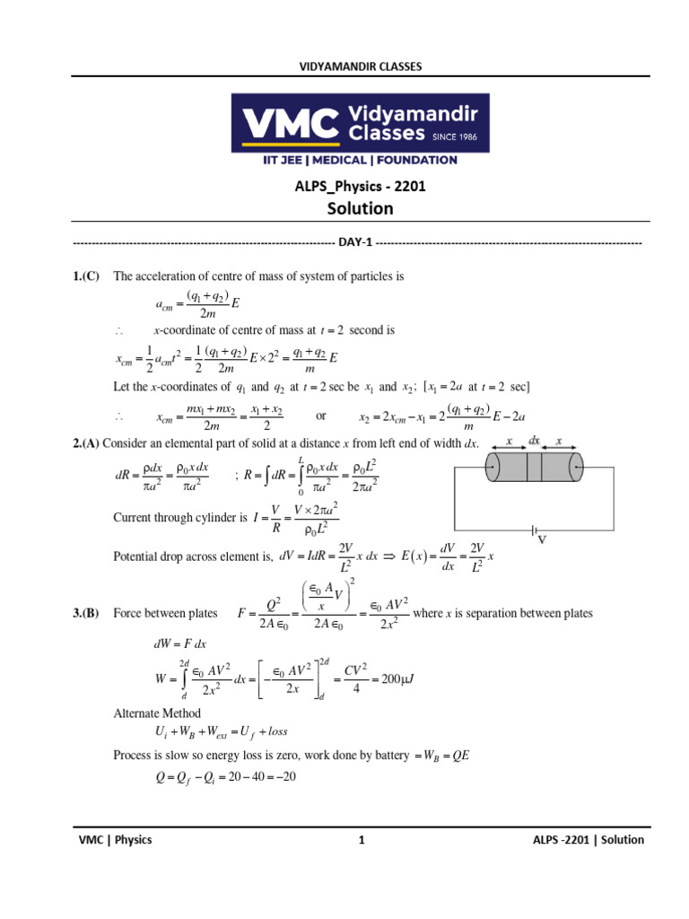 Physics Advanced Level Problem Solving (ALPS-1) - Solution | PDF