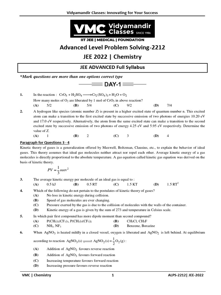 Chemistry Advanced Level Problem Solving (ALPS-1009) - Paper | PDF | Gases | Excited State