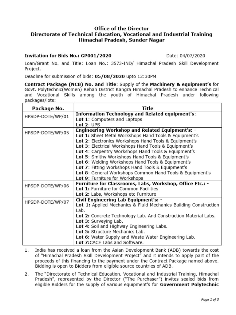 Bids for Himachal Polytechnic Equipment | PDF | Procurement ...