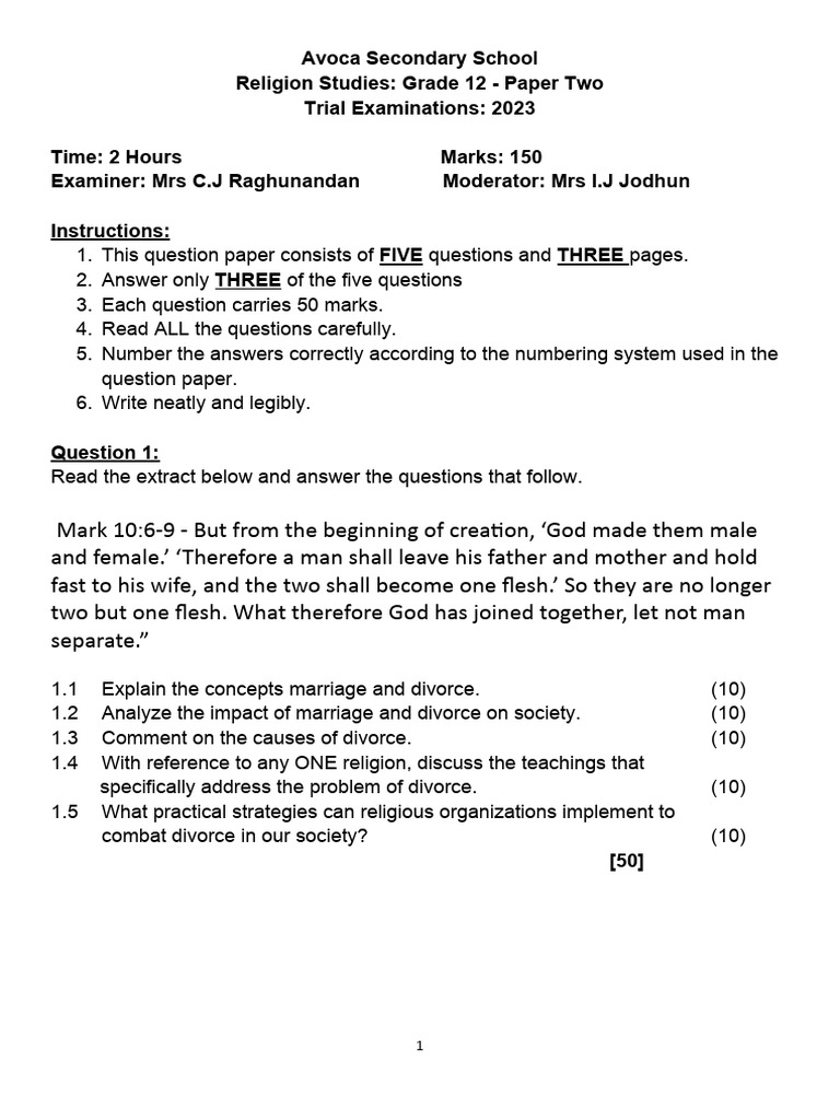 Avoca Secondary School GR 12 Religion Studies Trial Exam Paper 2 2023 ...