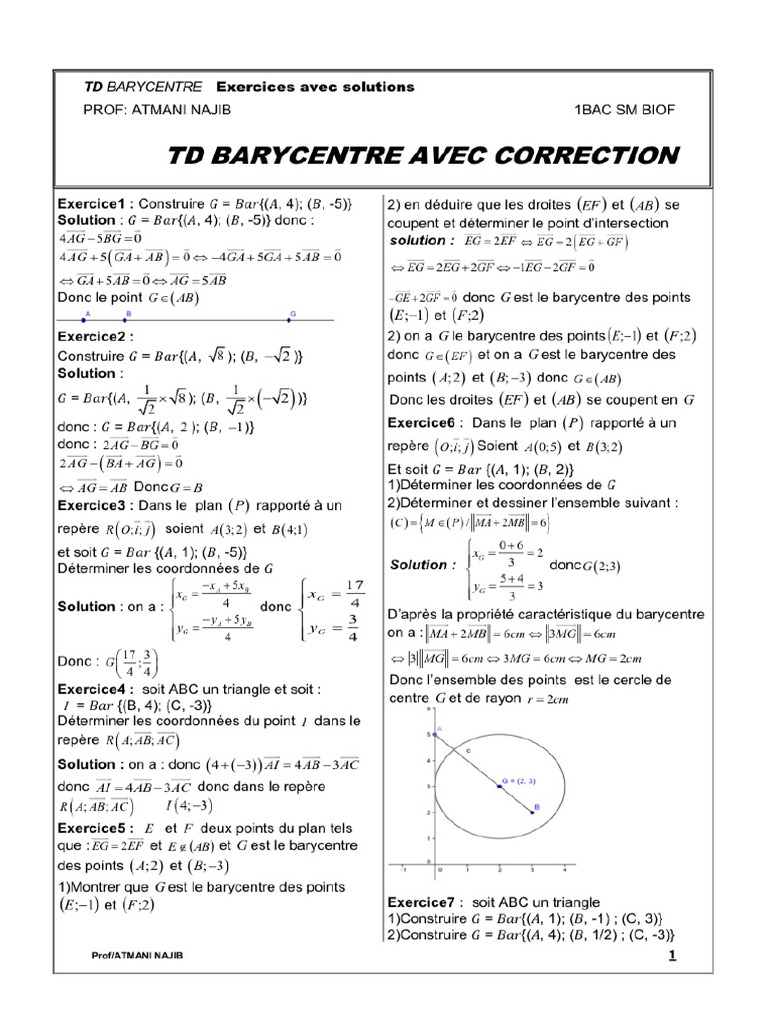 Barycentre Exercices:corigés | PDF