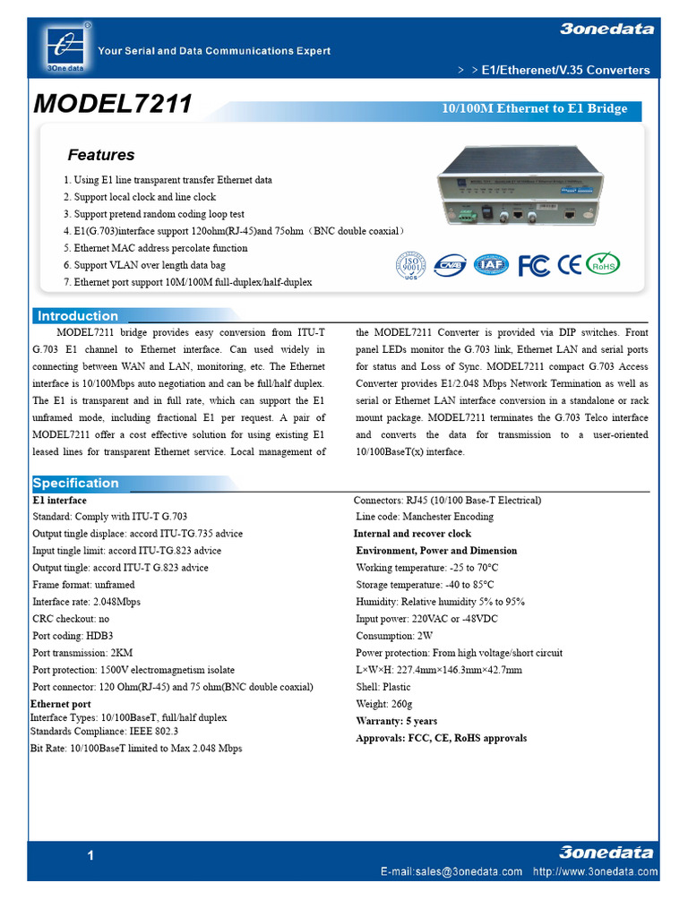 3OneData 7211-Datasheet | PDF | Ethernet | Duplex (Telecommunications)