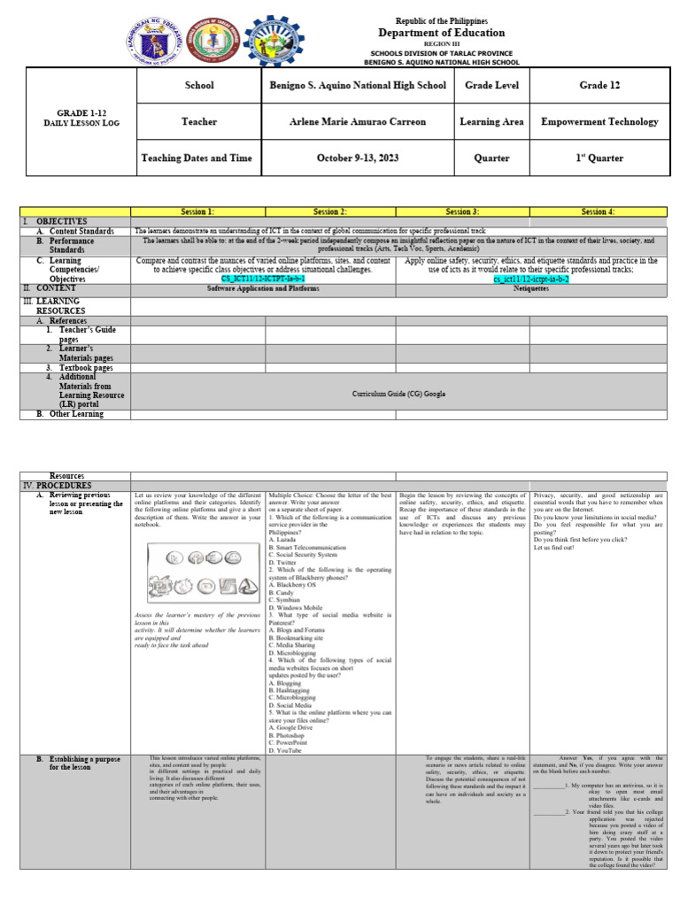 Grade 12 Empowerment Tech Lesson Plan | PDF